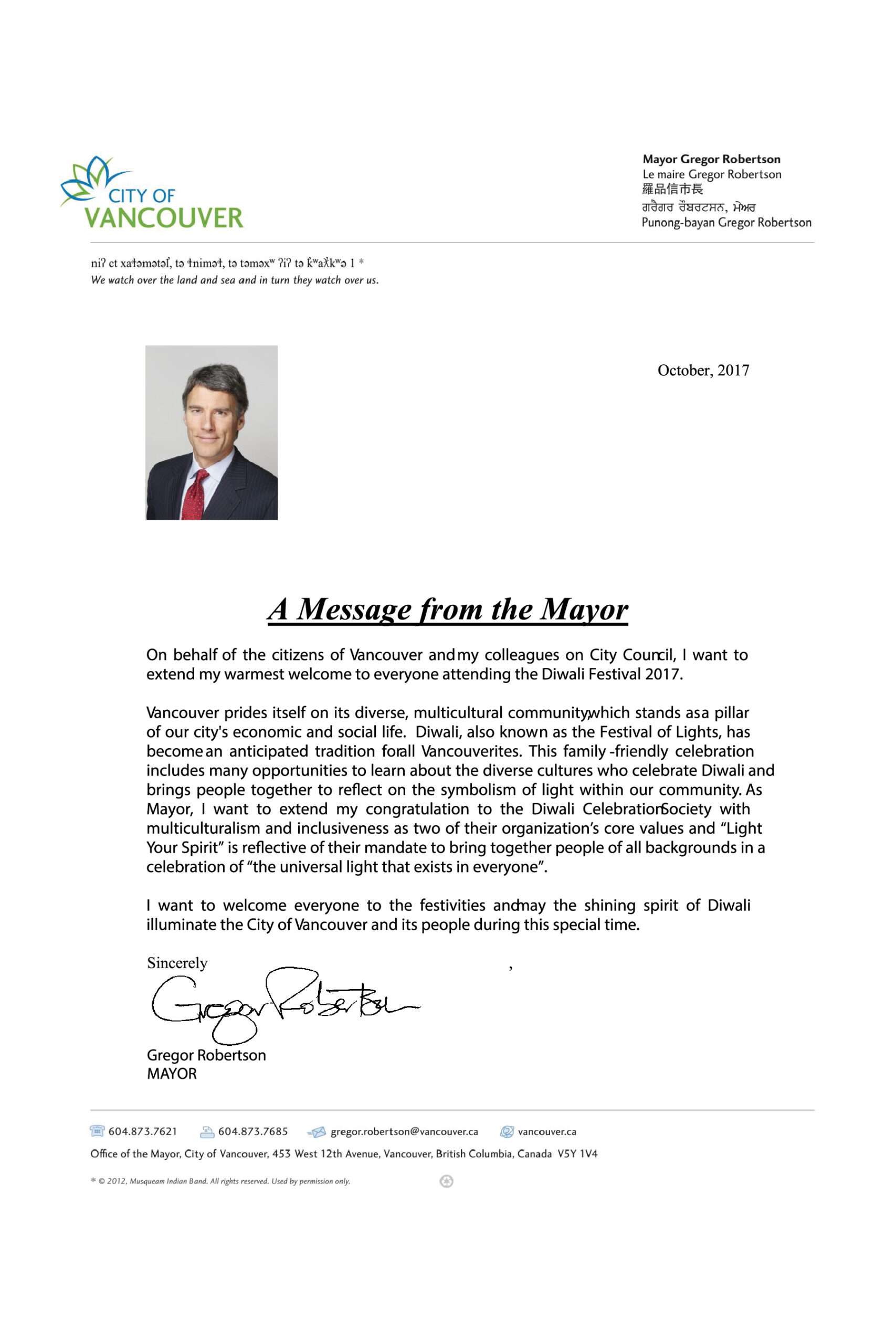 Message from Mayor of Vancouver • Diwali Fest • Light Your Spirit