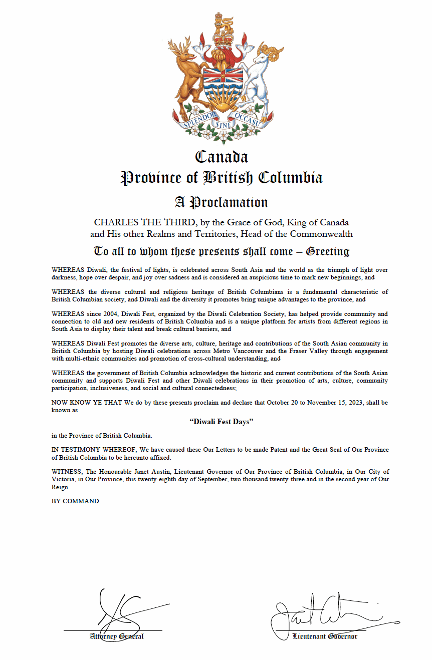 British Columbia proclaims Diwali Fest Days • Diwali Fest • Light Your ...